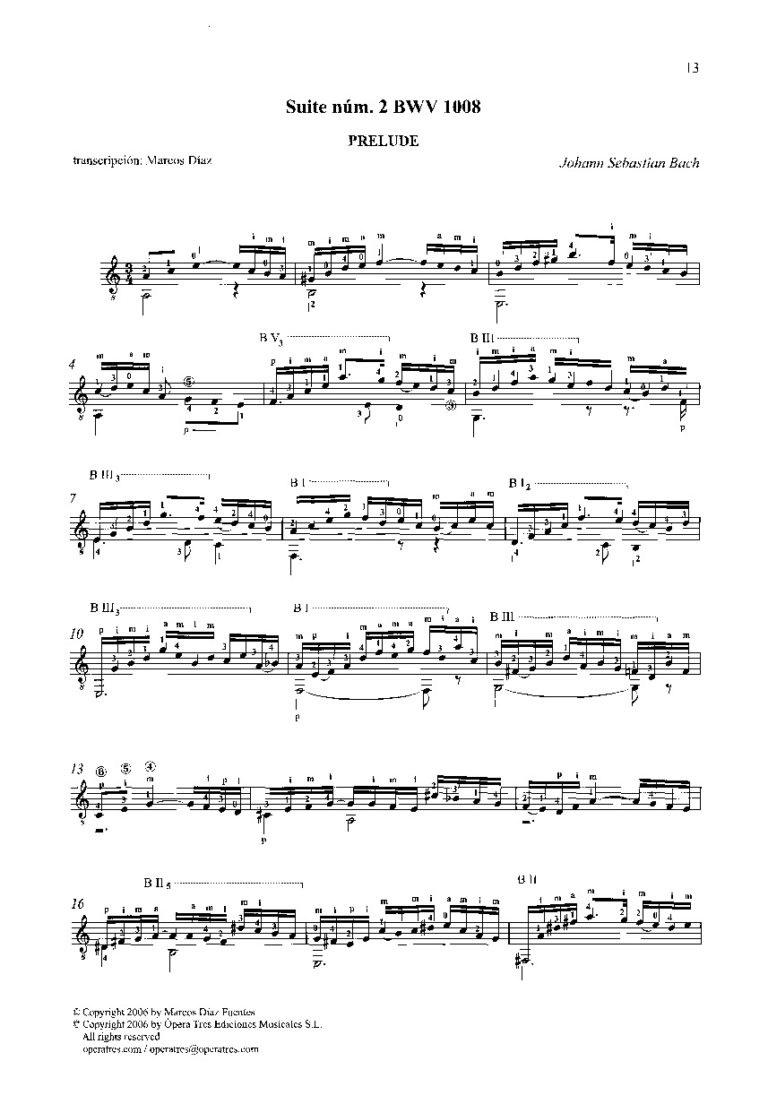 Bach. Johann Sebastian - BWV 1008 Cello Suite No. 2 - Classical Guitar ...