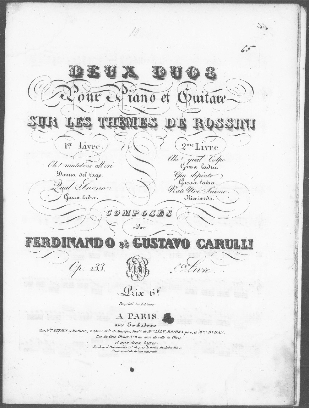 Carulli. Ferdinando - Deux Duos pour Piano et Guitare sur les Thêmes de ...