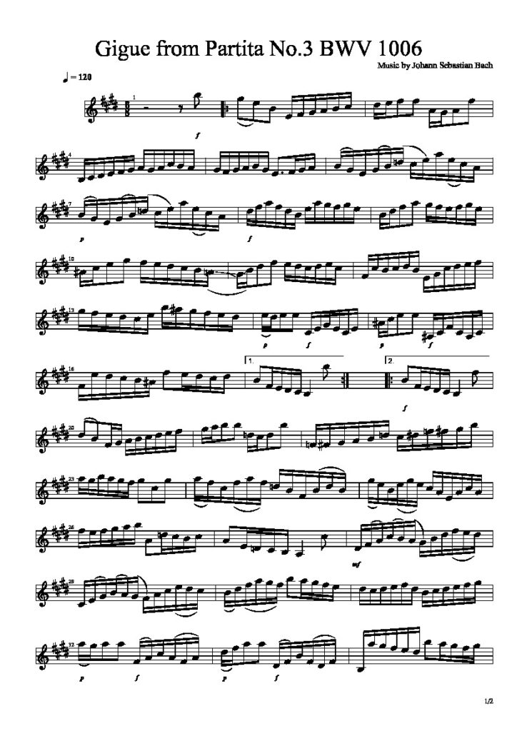 Bach. Johann Sebastian - BWV 1006 Gigue From Partita No 3 by Johann ...