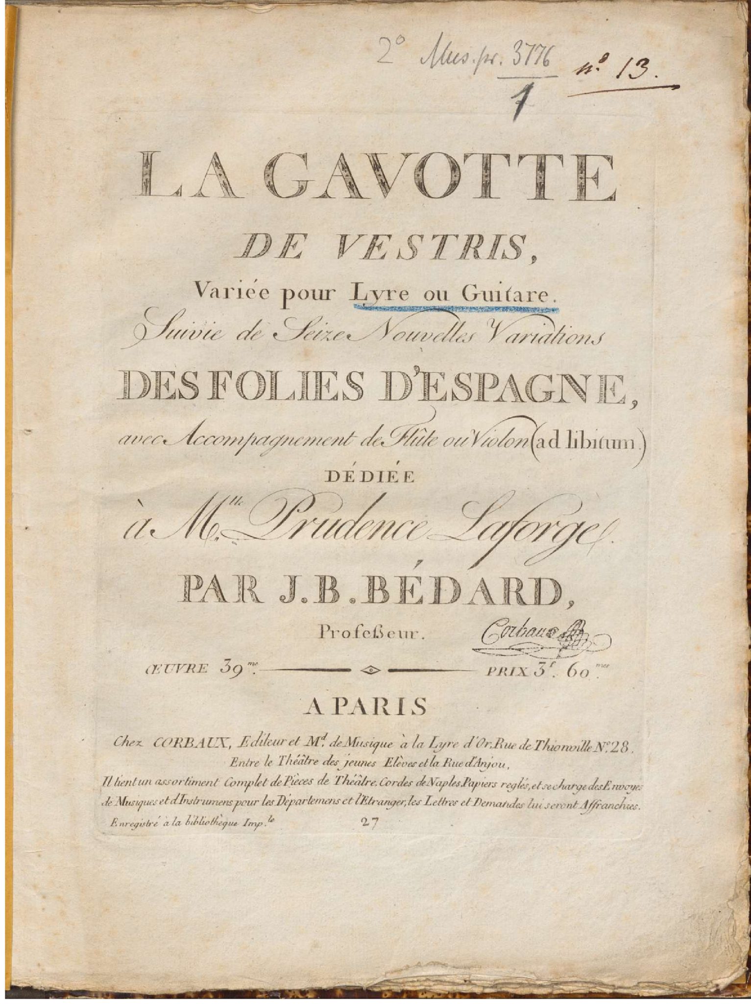 Bedard. Jean-Baptiste - La Gavotte de Vestris et les Folies d'Espagne ...