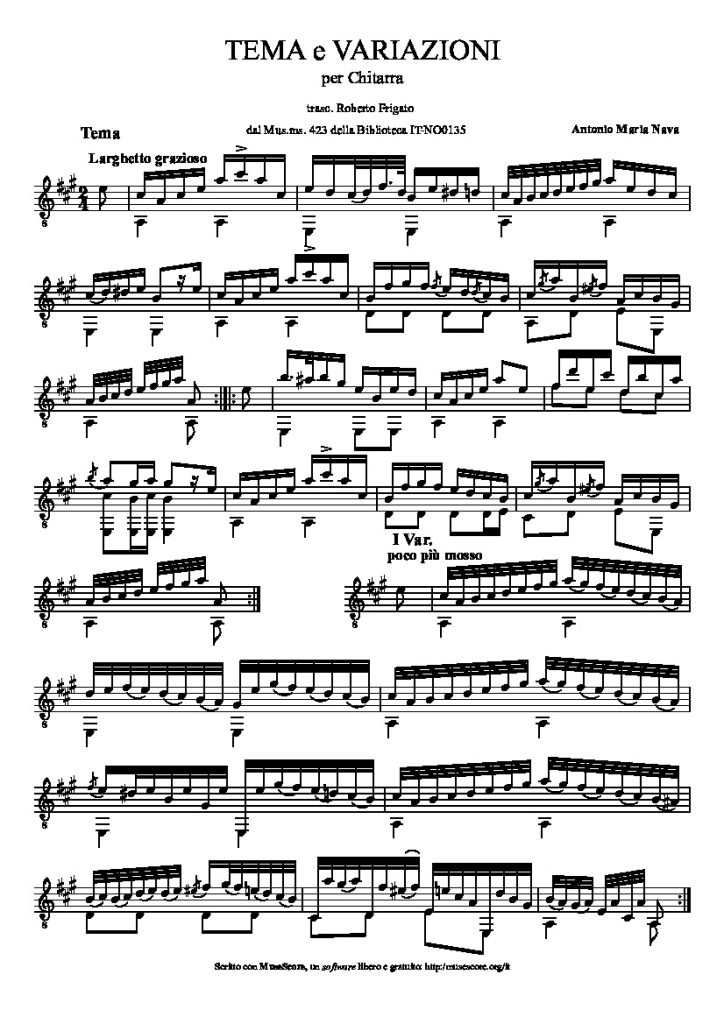 Nava. Antonio Maria - Tema e variazioni per Chitarra in A major ...