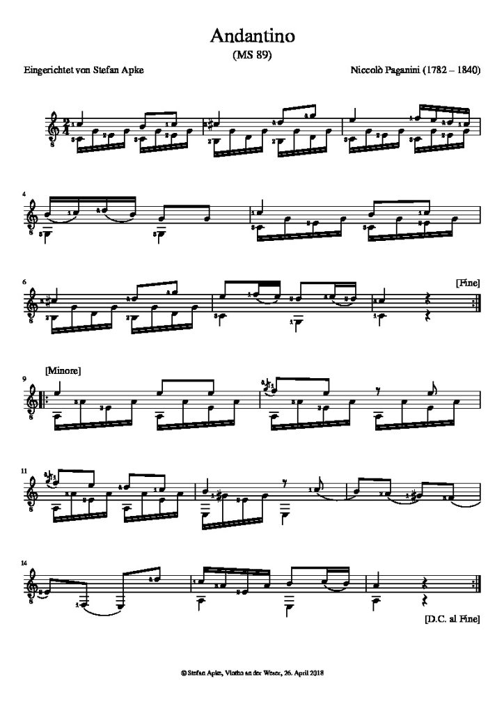 Paganini. Nicolo - Andantino in C major, MS 89 - Classical Guitar ...