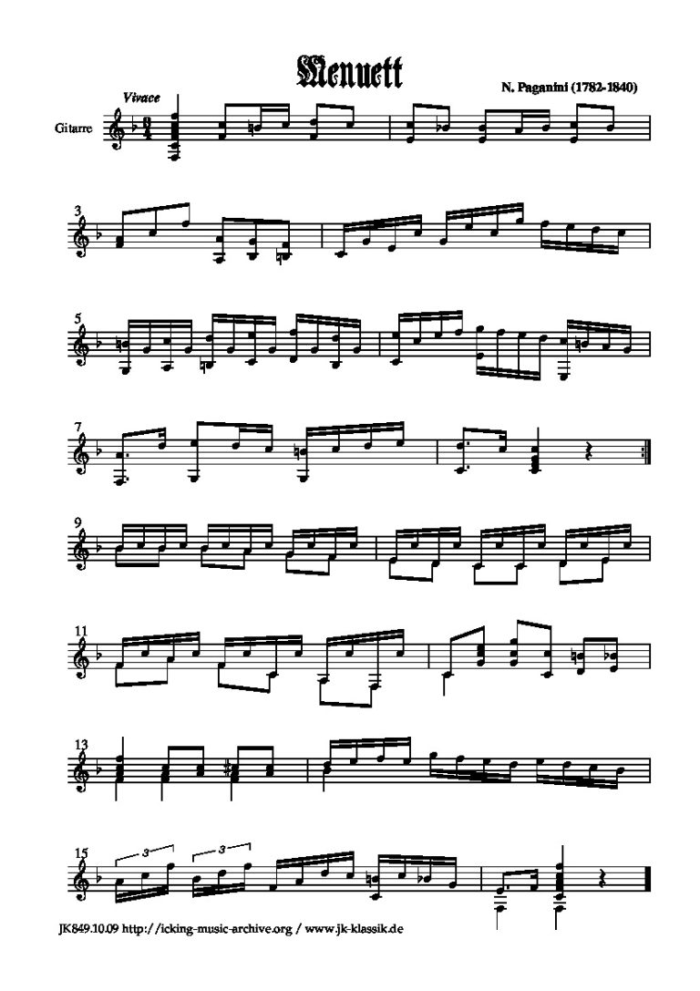 Paganini. Nicolo - Guitar Sonata in F major, MS 84 No.7 Menuett ...