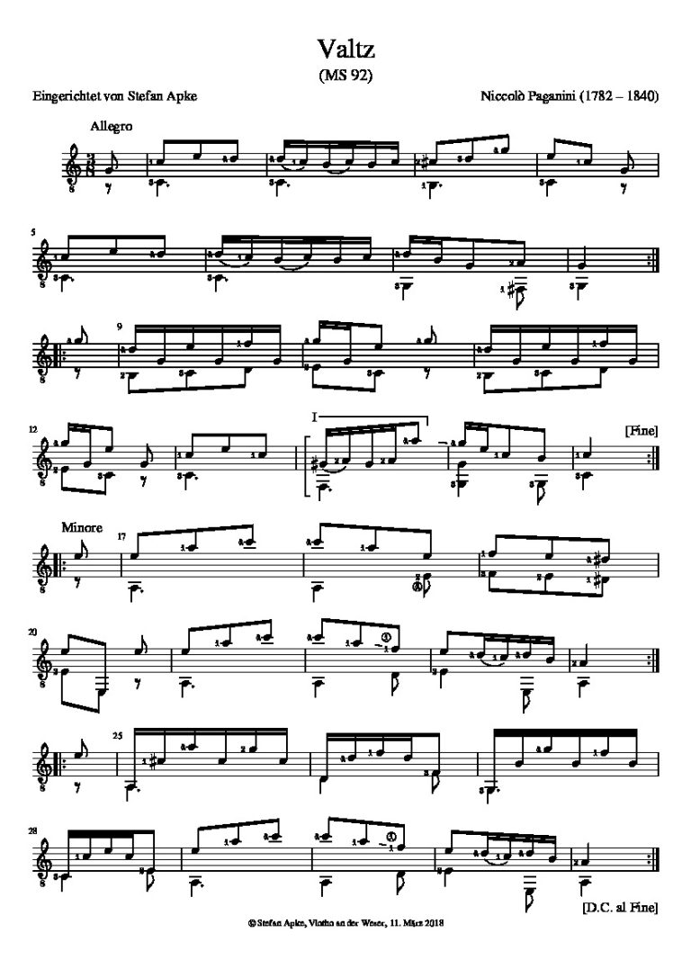 Paganini. Nicolo - Waltz in C major, MS 92 - Classical Guitar Library ...