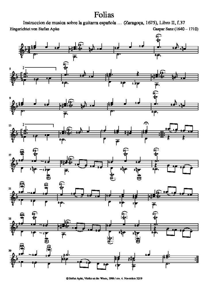 Sanz. Gaspar - Folias, Libro II, f.37 - Classical Guitar Library ...